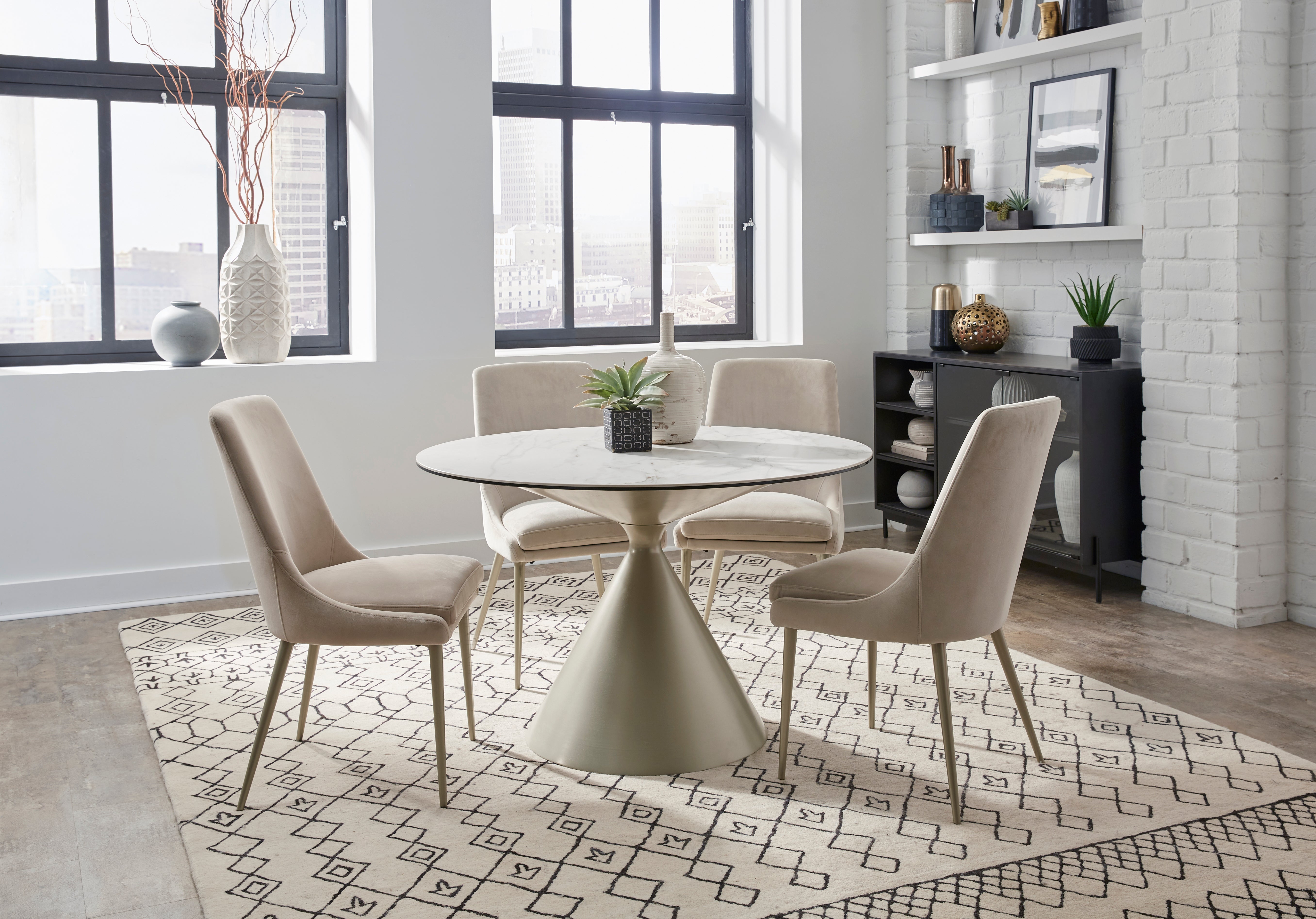 Winston Stone Top Metal Base Round Dining Table in Oat Milk and Champa ...
